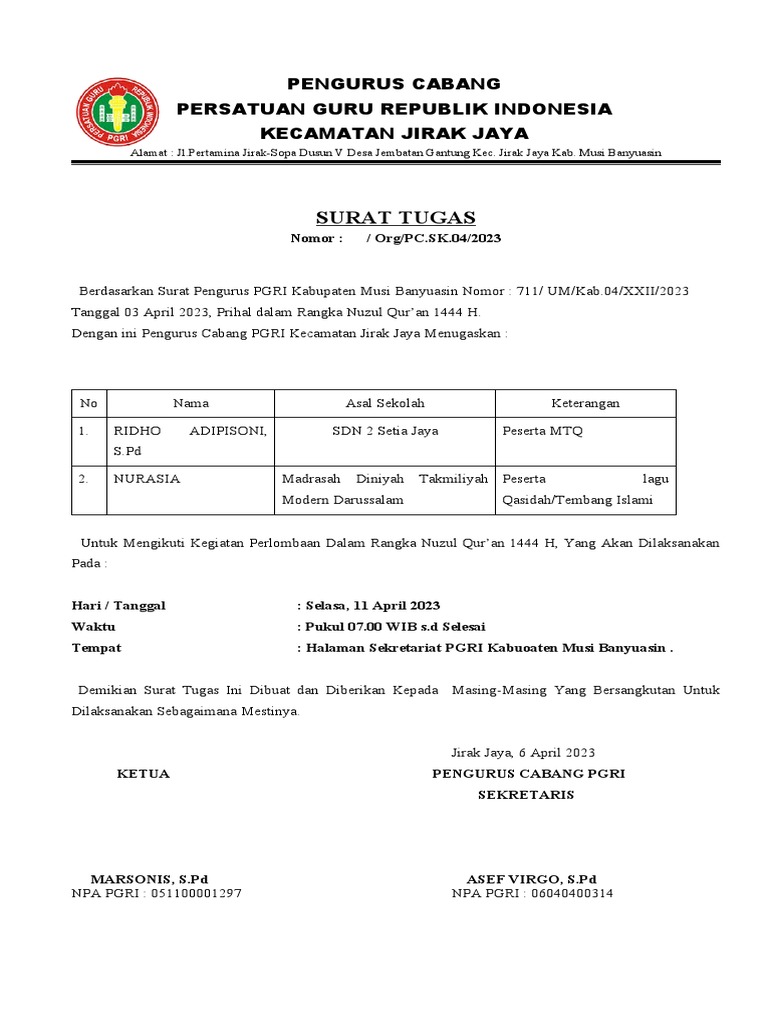 Surat Tugas PGRI | PDF