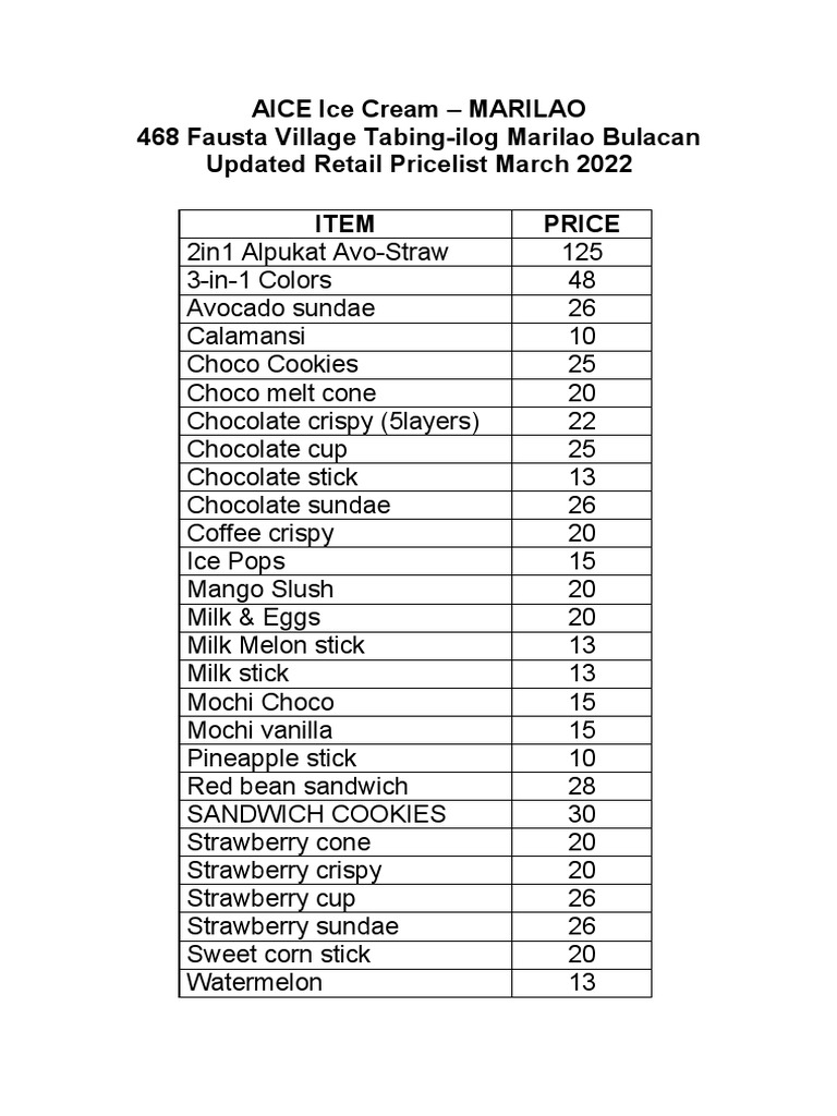AICE Ice Cream - MARILAO (Retail Pricelist) | PDF