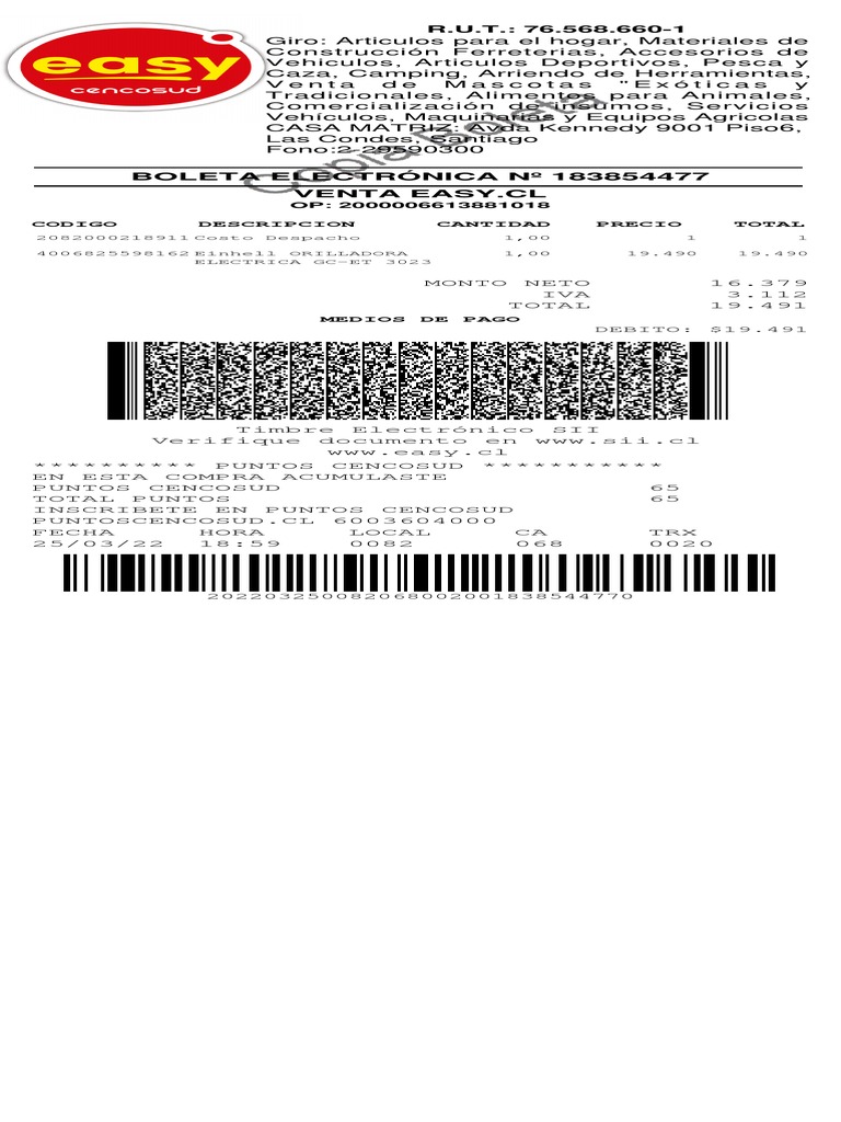 Boleta Electrónica #183854477 Venta Easy - CL: DEBITO: $19.491 | PDF ...