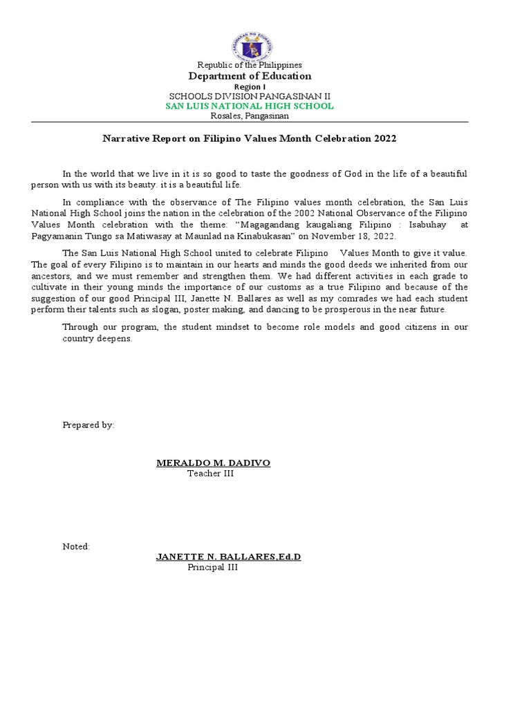 Narrative Report On Filipino Values Month Celebration 2022 | PDF | Wellness