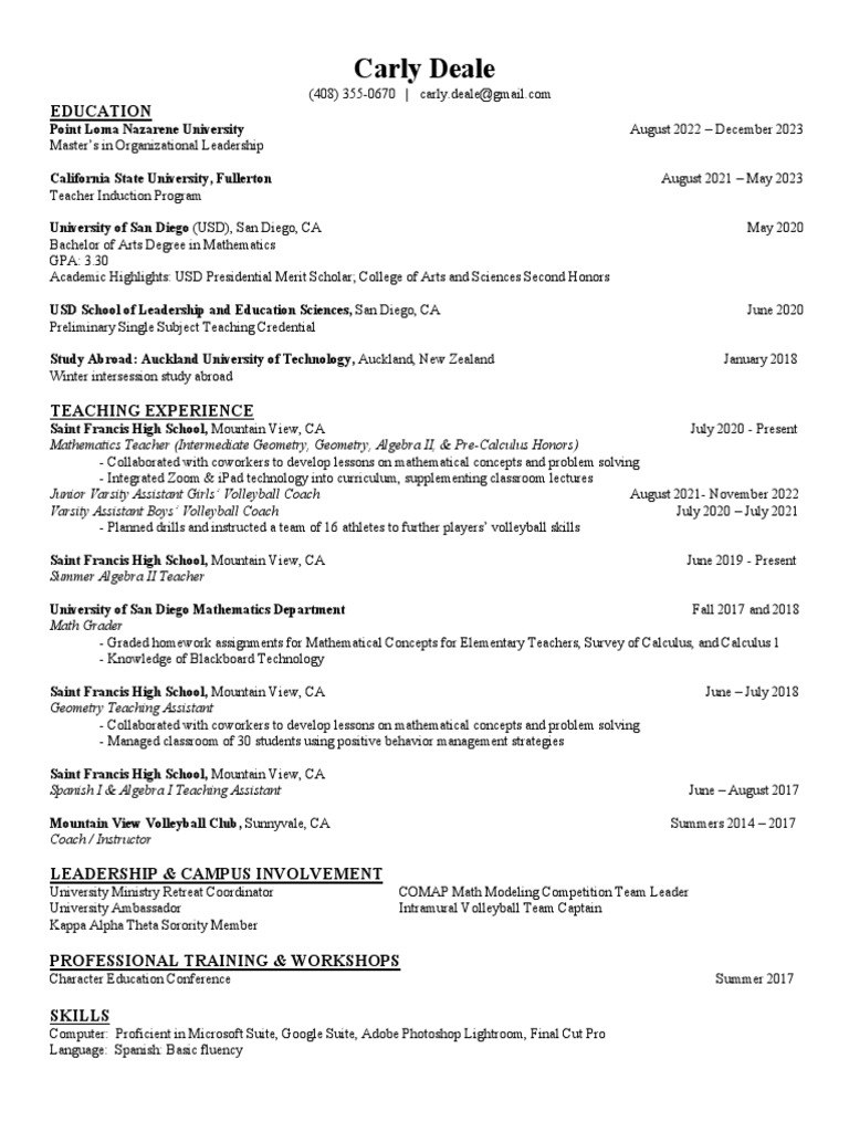 Carly Deales Resume | PDF | Teachers | Mathematics