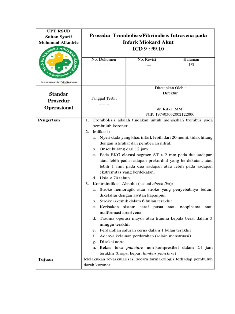SOP Fibrinolitik IV STEMI Format RS Kota | PDF