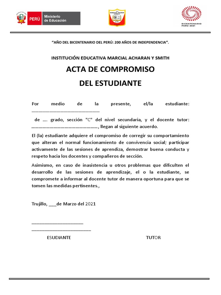 Acta de Compromiso Del Estudiante Secundaria | PDF