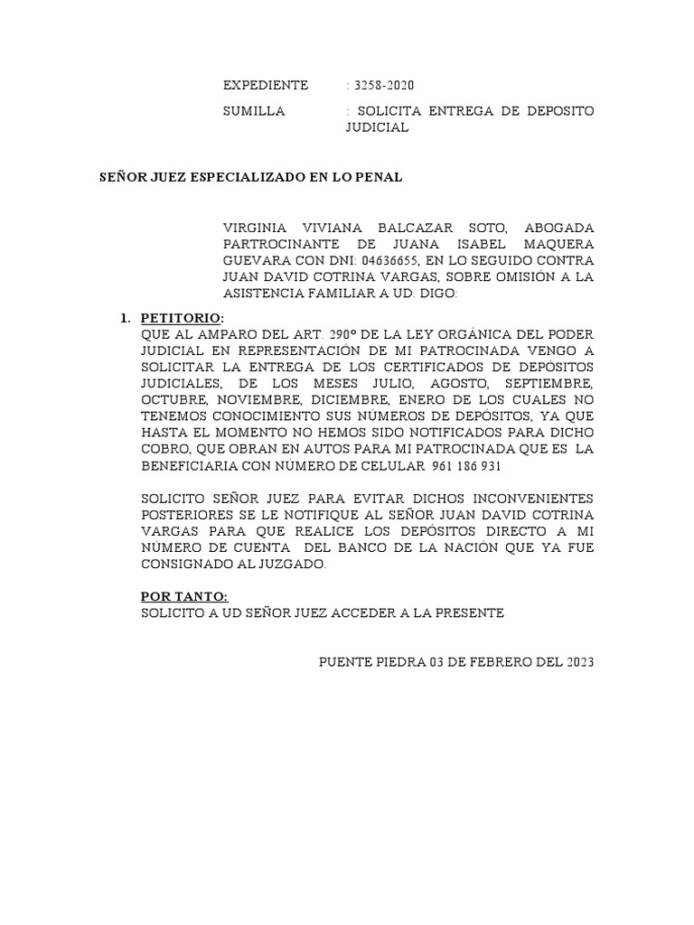 Solicita Entrega de Deposito Judicial Juana | PDF | Política | Derecho