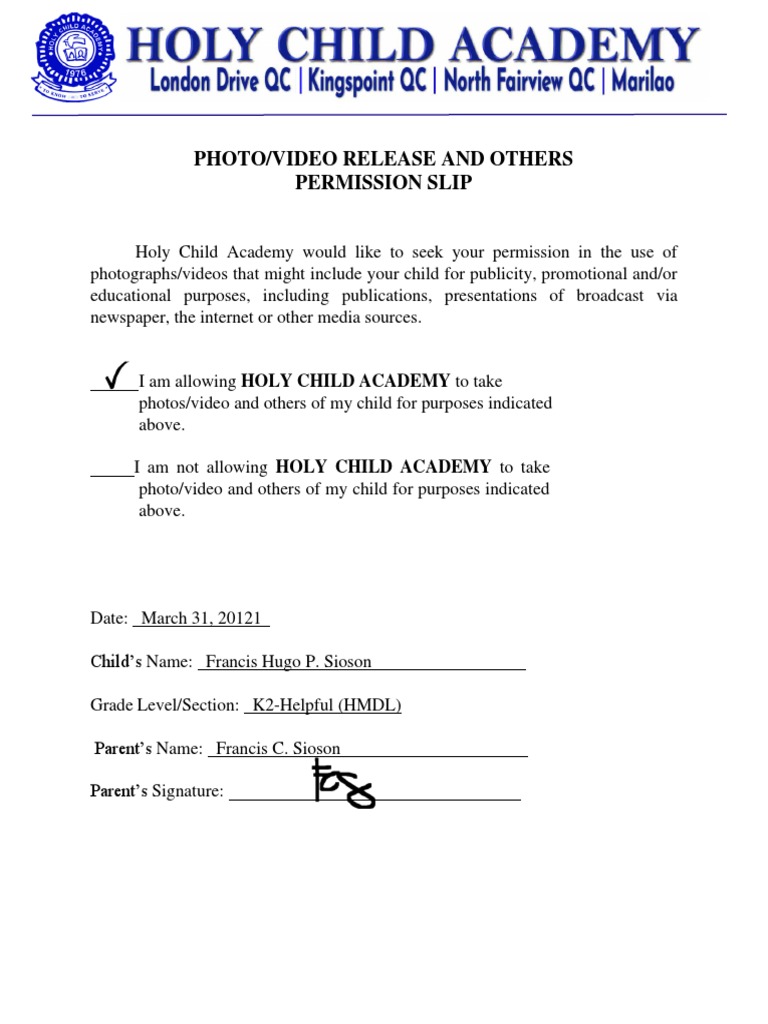 PhotoVideo Release Permission Slip | PDF