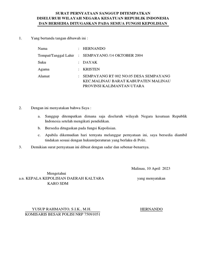 Surat Pernyataan Sanggup Ditempatkan | PDF
