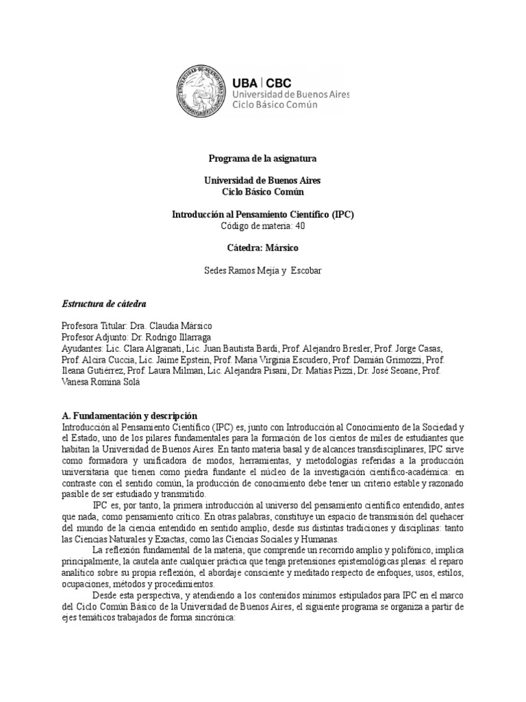 Programa - Introducción Al Pensamiento Científico (IPC), Ciclo Común Básico (CBC) (Mársico) | PDF