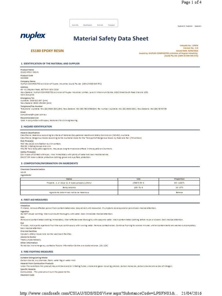 Material Safety Data Sheet: Es180 Epoxy Resin | PDF | Dangerous Goods ...