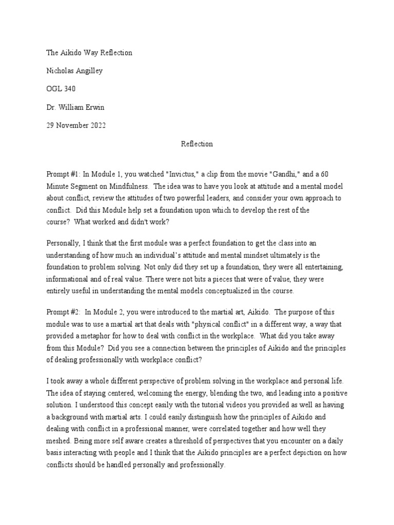 The Aikido Way Final Reflection | PDF | Conflict Resolution | Cognitive ...