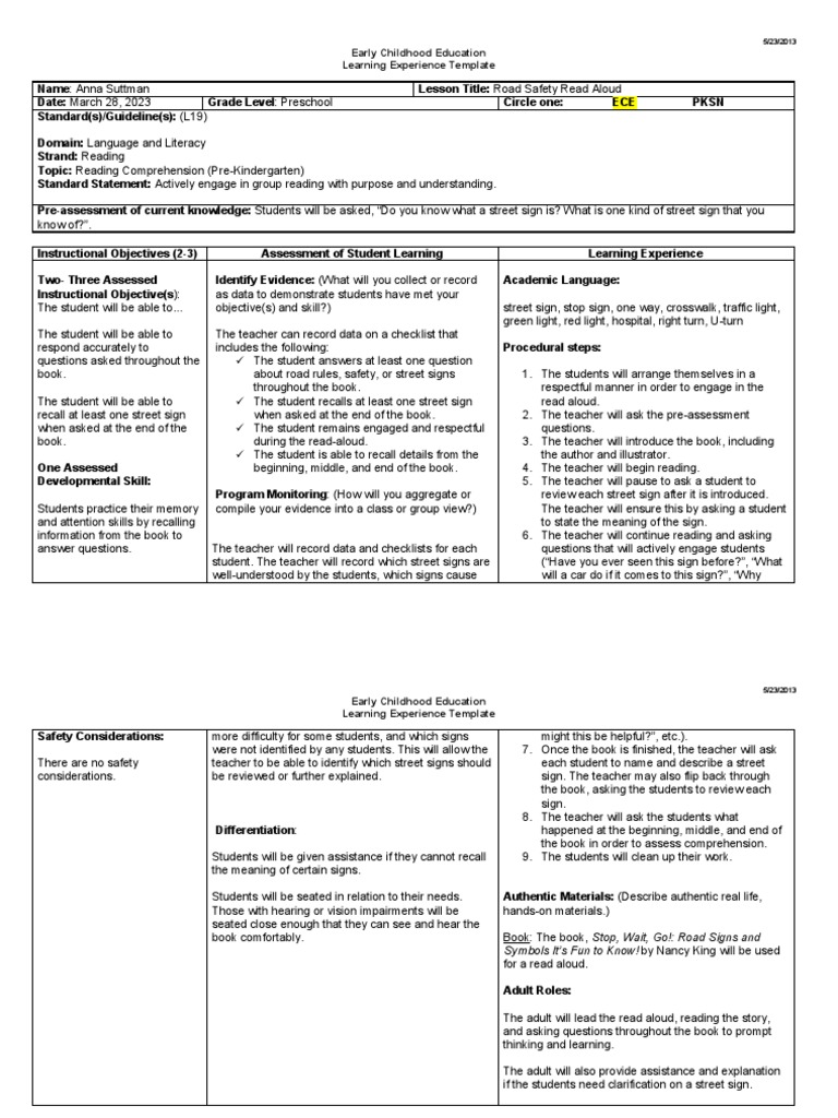 Preschool Road Safety Lesson Plan | PDF | Wellness