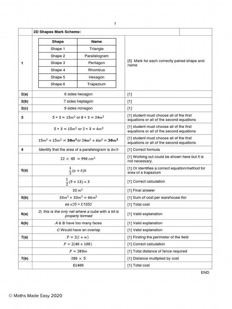 2D Shapes and Quadrilaterals Answers MME | PDF | Area | Elementary Geometry