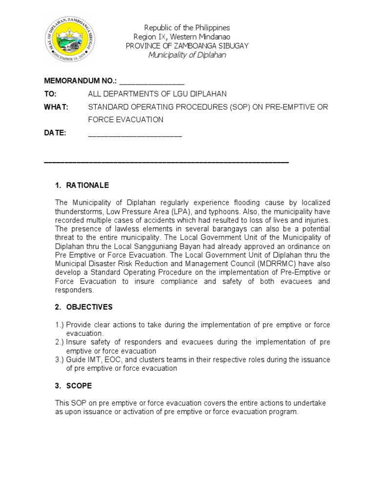 Sop On Pre Emptive or Force Evacuation | PDF | Emergency Evacuation | Flood