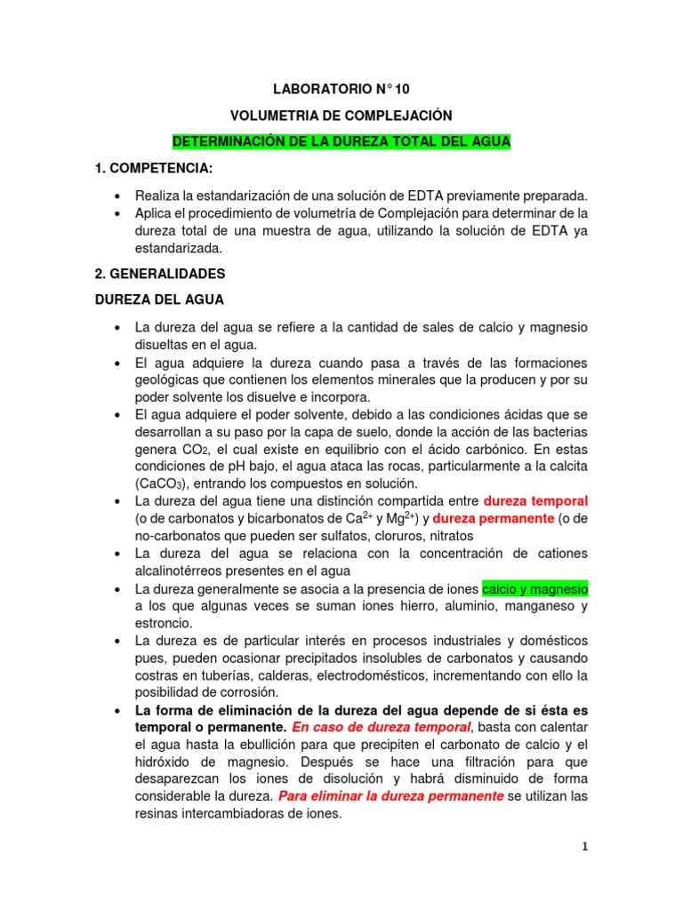 Laboratorio #10 Volumetria de Complejación Determinación de La Dureza ...