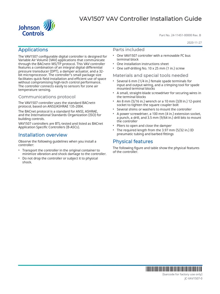 VAV1507 VAV Controller Installation Guide (24-11451-00000) | PDF ...