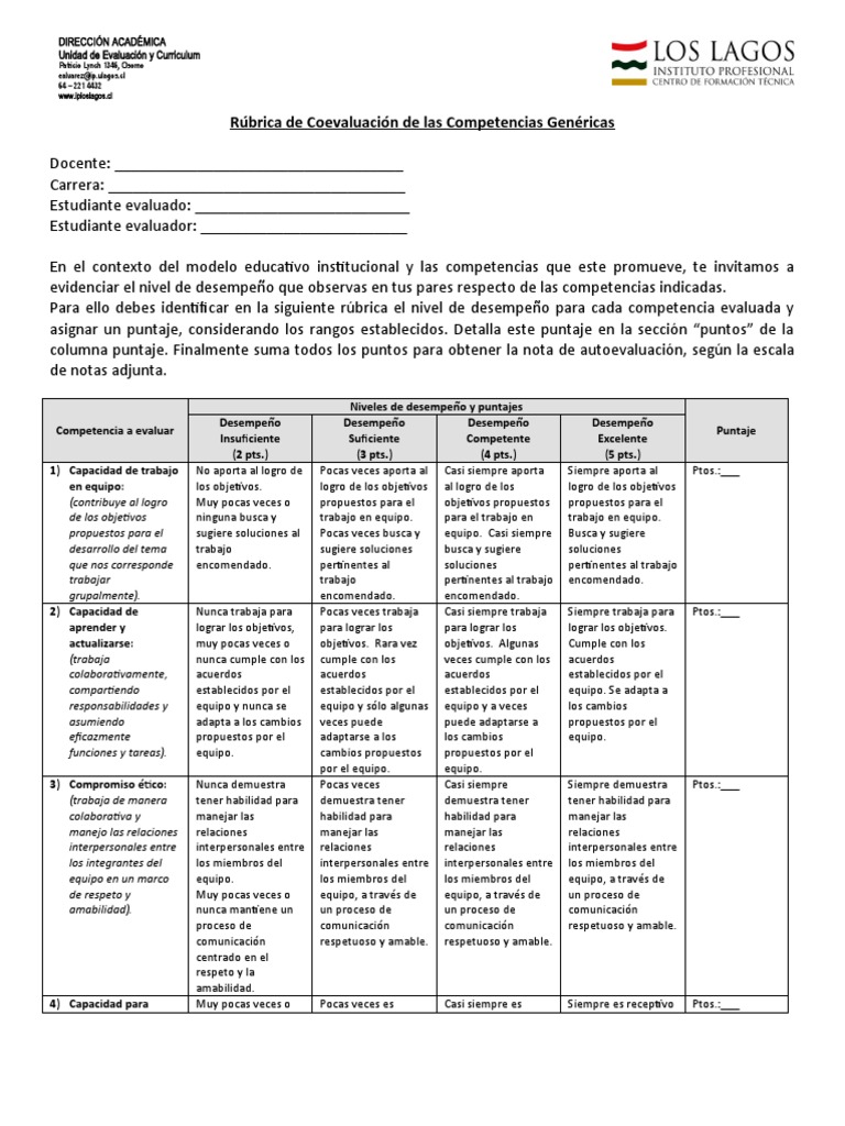 Rúbrica de Coevaluación de las Competencias Genéricas | PDF