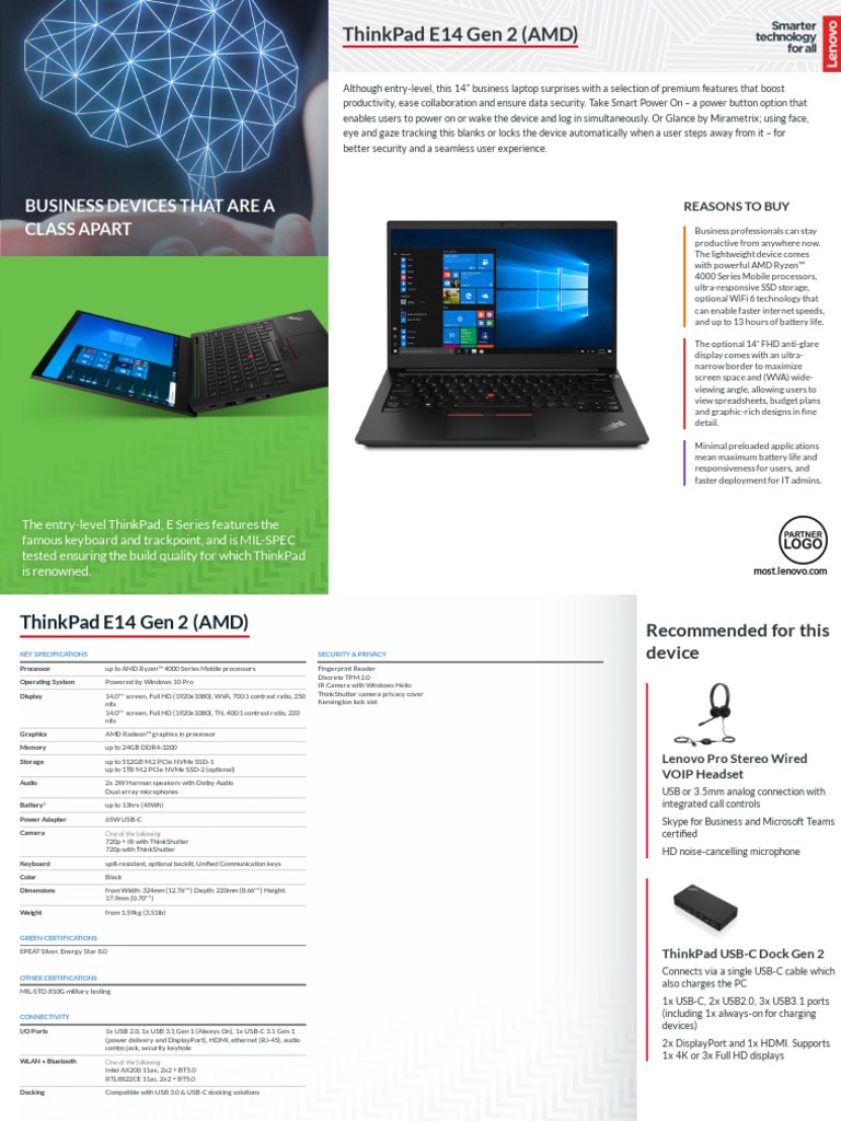 ThinkPad E14 Gen 2 (AMD) Datasheet EN | PDF