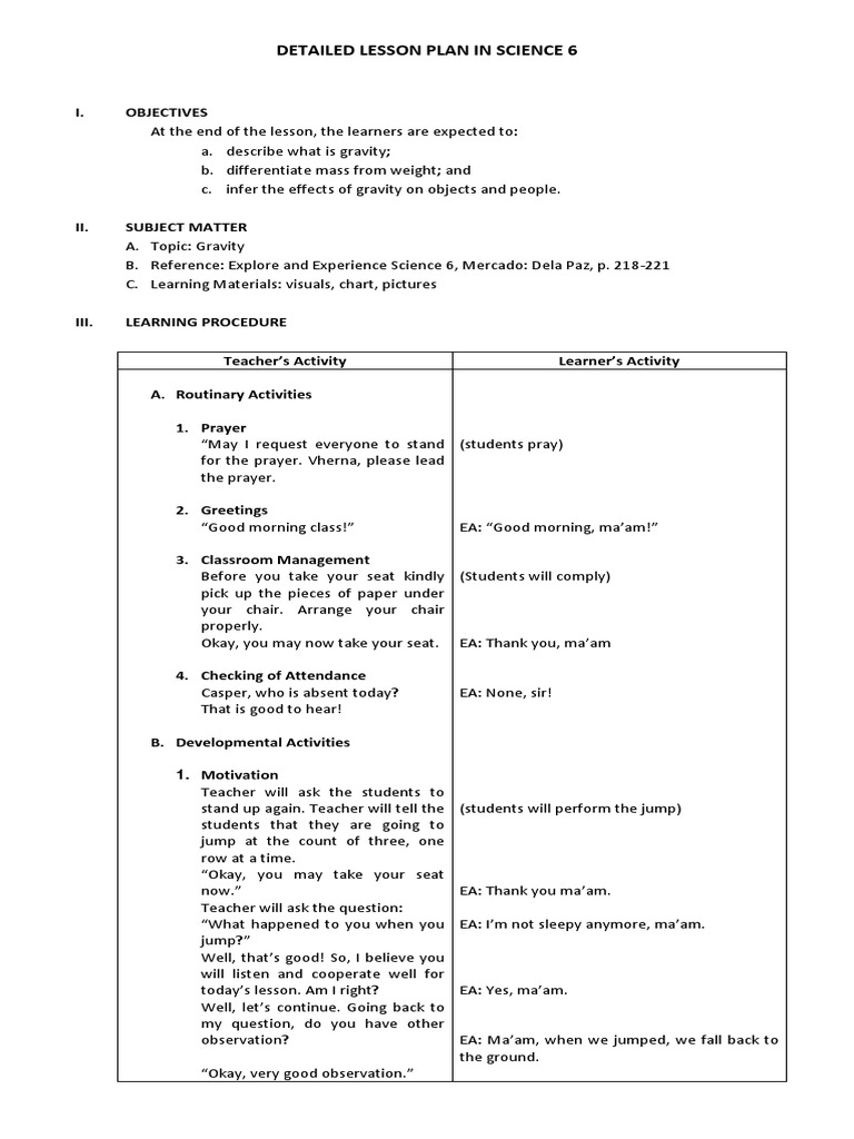 Detailed Lesson Plan in Science 6 | PDF | Weight | Gravity