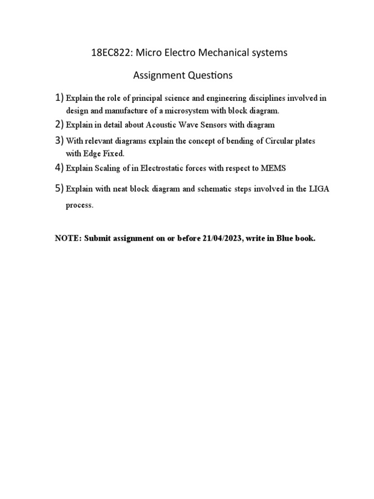 18EC822: Micro Electro Mechanical Systems Assignment Questions 1) 2) 3) 4) 5) | PDF