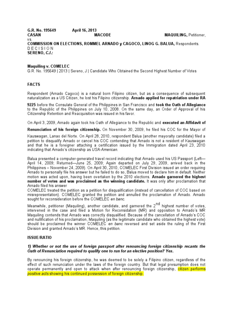 Maquiling V COMELEC - Draft Digest | PDF | Citizenship Of The United ...