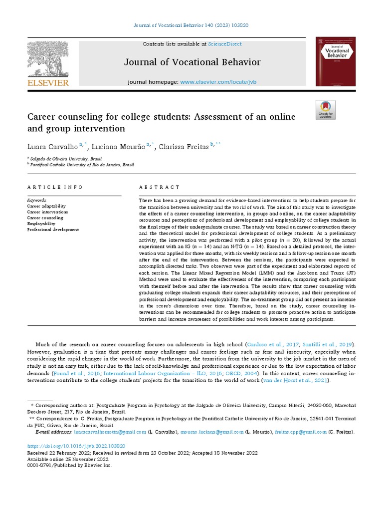 Career Counseling For College Students Assessment o - 2023 - Journal of ... Career Counseling For College Students Assessment o - 2023 - Journal of ...