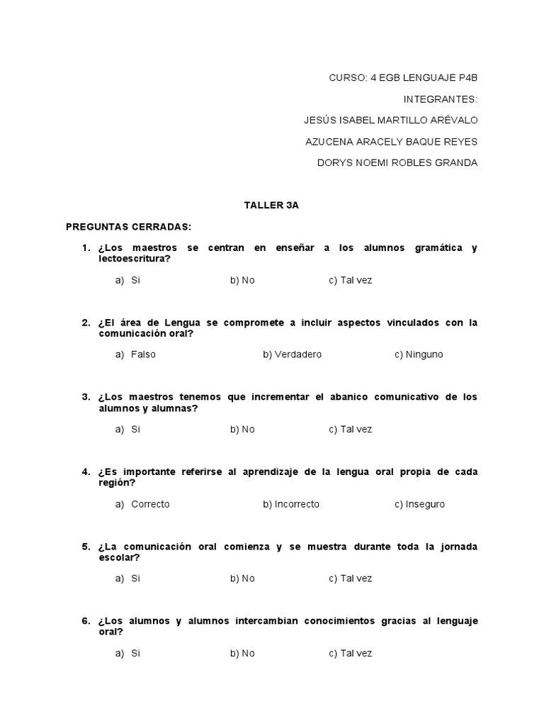 Preguntas de Lectura Taller 3a | PDF