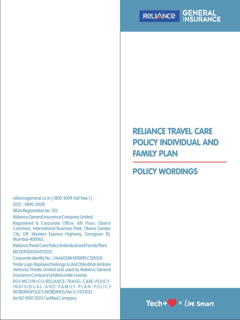 Reliance Travel Care Policy Individual and Family Plan | PDF