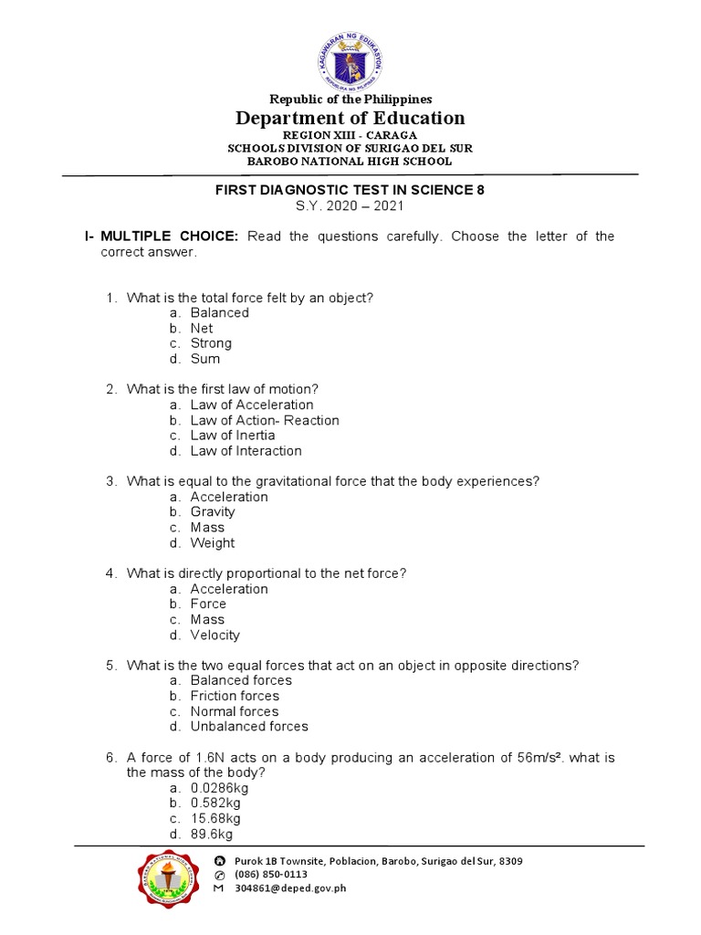 Barobo National High School First Diagnostic Test in Science 8 ...
