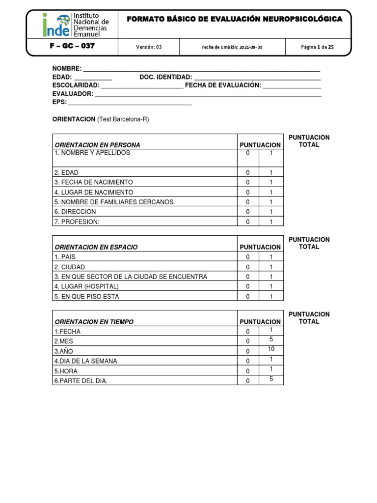 F-GC-037 Formato Basico de Evaluacion Neuropsicologica - V.03 | PDF