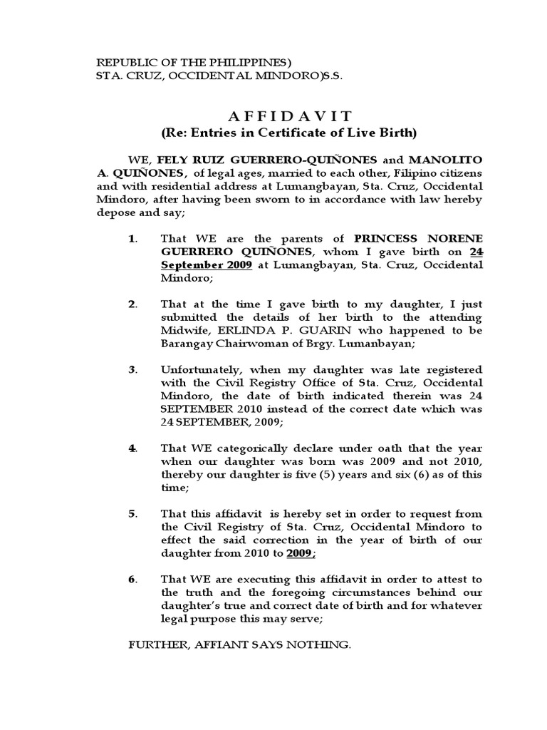 Affidavit of Date of Birth Princess Norene Quinones | PDF | Affidavit ...