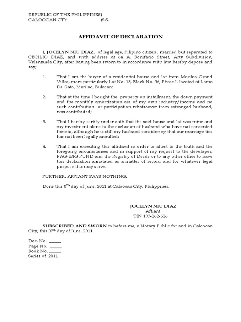 Affidavit of Declaration To Purchased Property | PDF | Affidavit ...