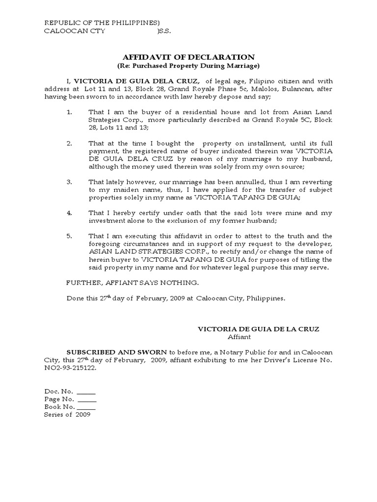 Affidavit of Declaration To Purchased Property On Marriage | PDF | Affidavit | Common Law