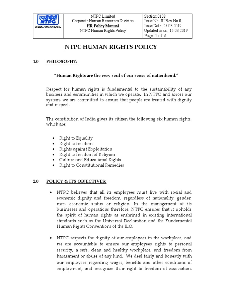 NTPC Human Rights Policy | PDF | Employment | Human Resources