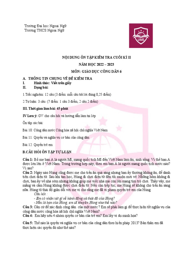 Đề cương GDCD 6- CK II | PDF