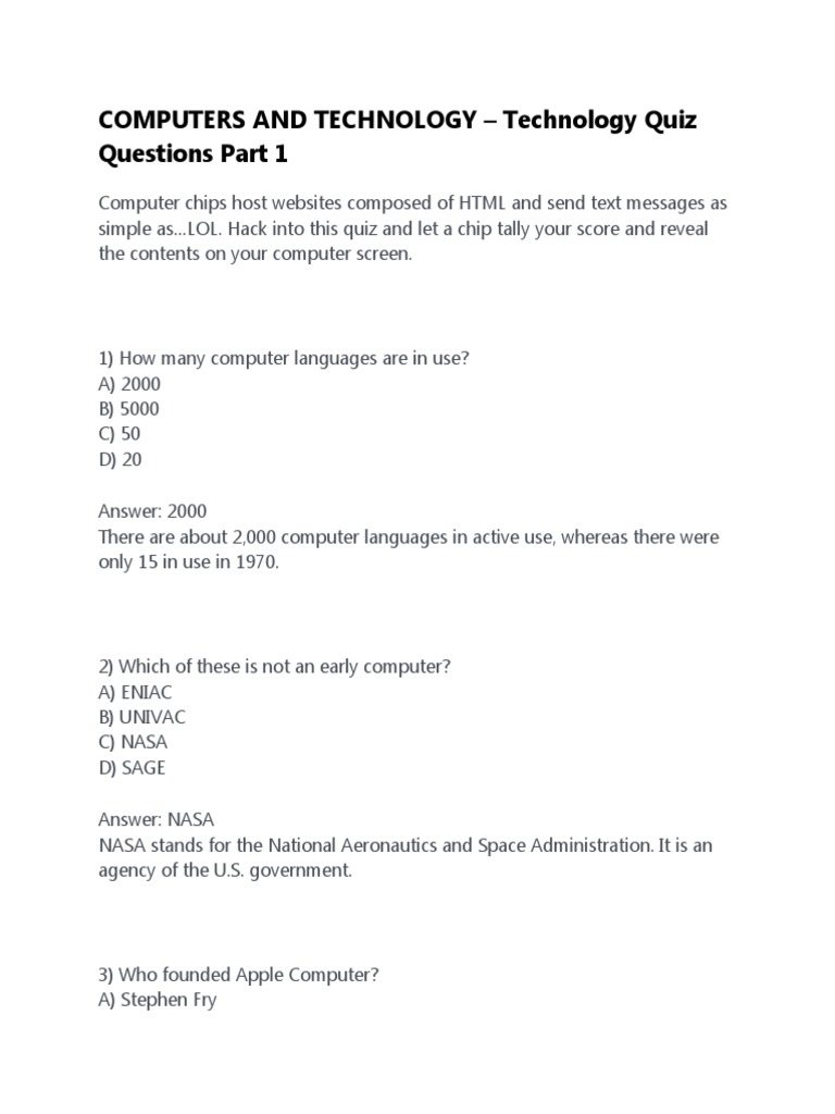 Computers and Technology - Technology Quiz Questions Part 1 | PDF ...