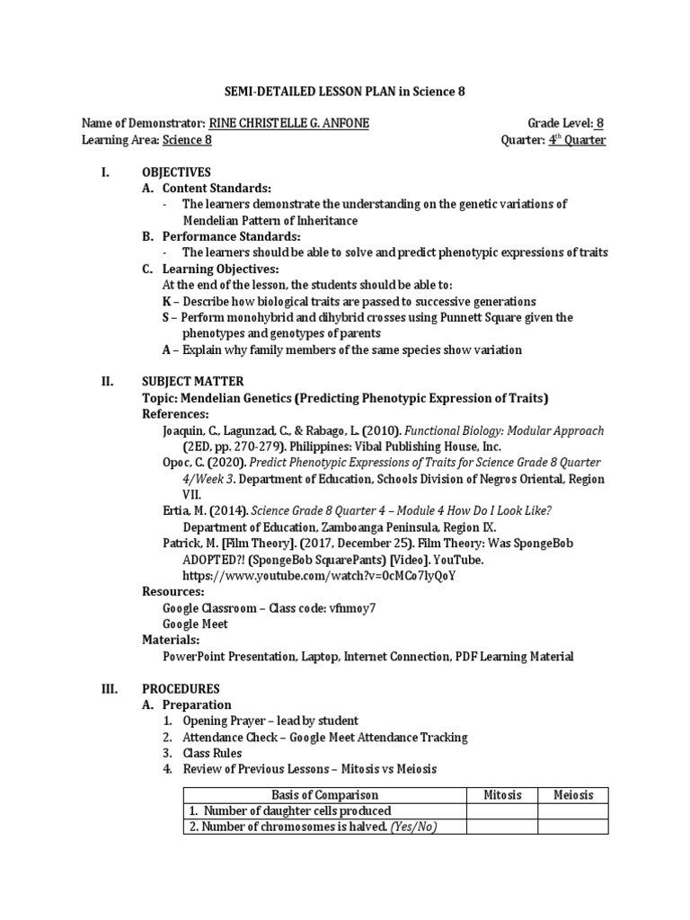 Grade 8 Mendelian Genetics Lesson Plan | PDF | Dominance (Genetics ...
