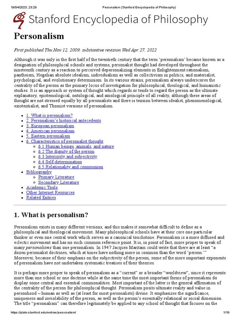 Stanford Encyclopedia of Philosophy: Personalism | PDF