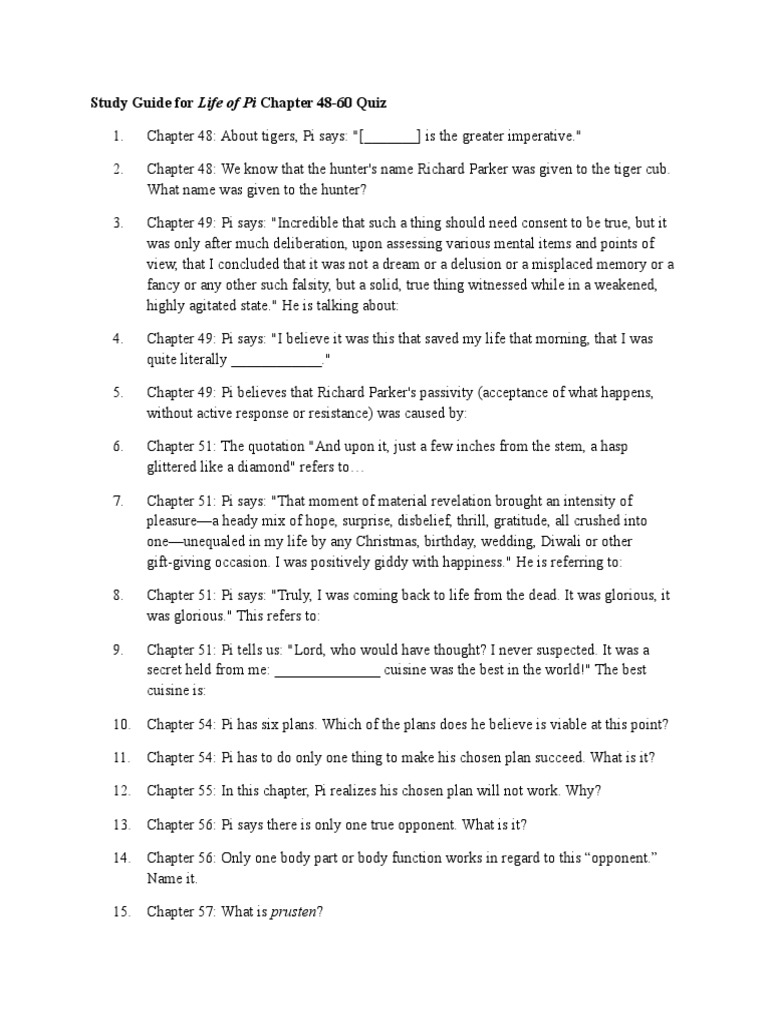 Study Guide For Life of Pi Chapter 48-60 Quiz | PDF