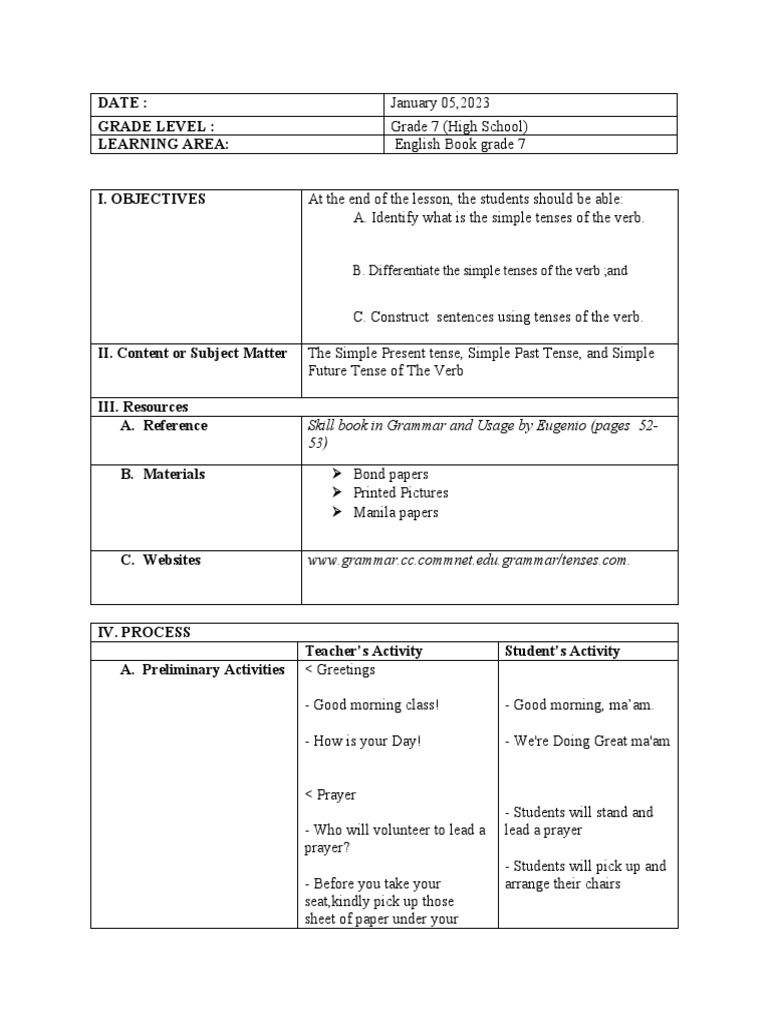 Detailed Lesson Plan | PDF | Grammatical Tense | Verb