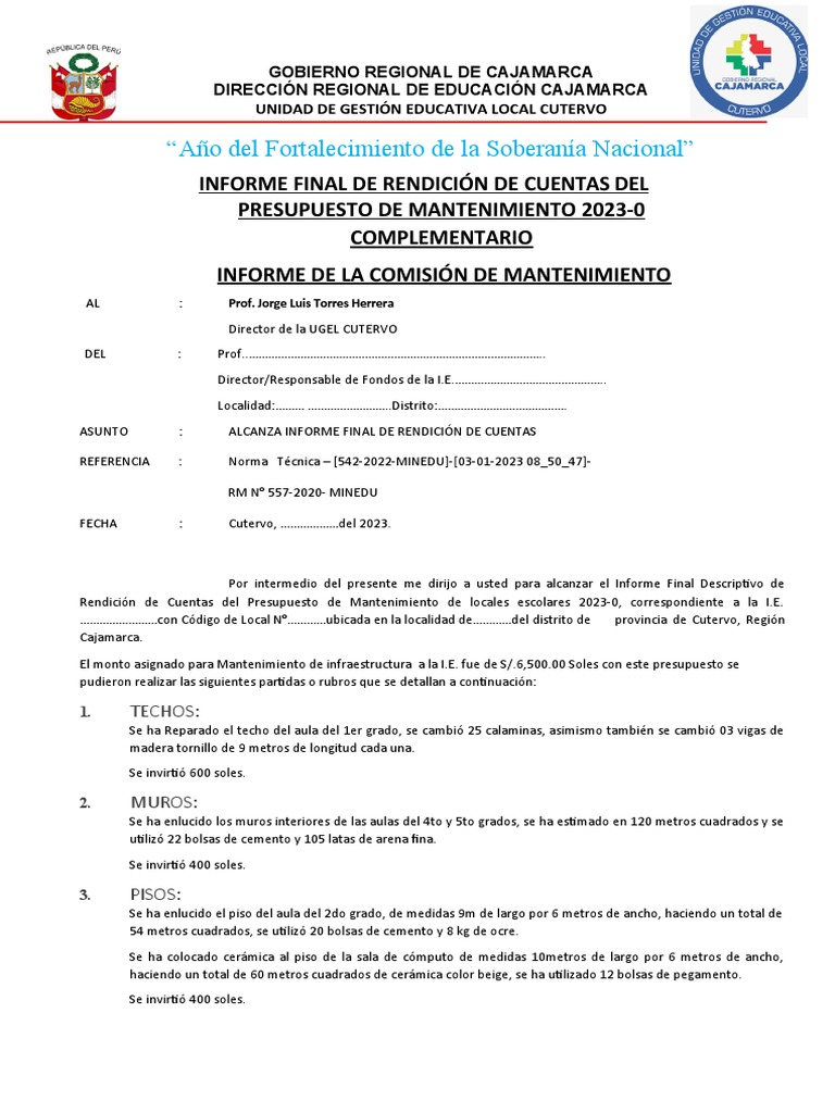 Modelo de Informe de Rendicion de Cuentas 2023-0 | PDF