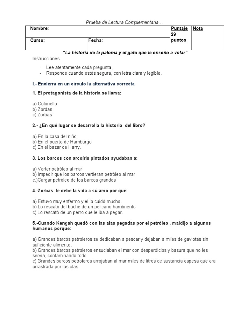 Prueba 5°Y 6° ADAPTADA de Lectura Complementaria La Historia Del Gato y La Paloma Que Le Enseño ...