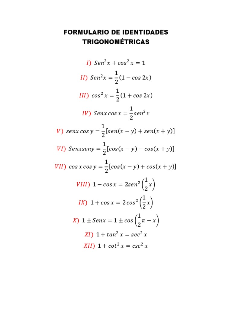 Formulario de Identidades Trigonométricas | PDF | Métodos y materiales de enseñanza