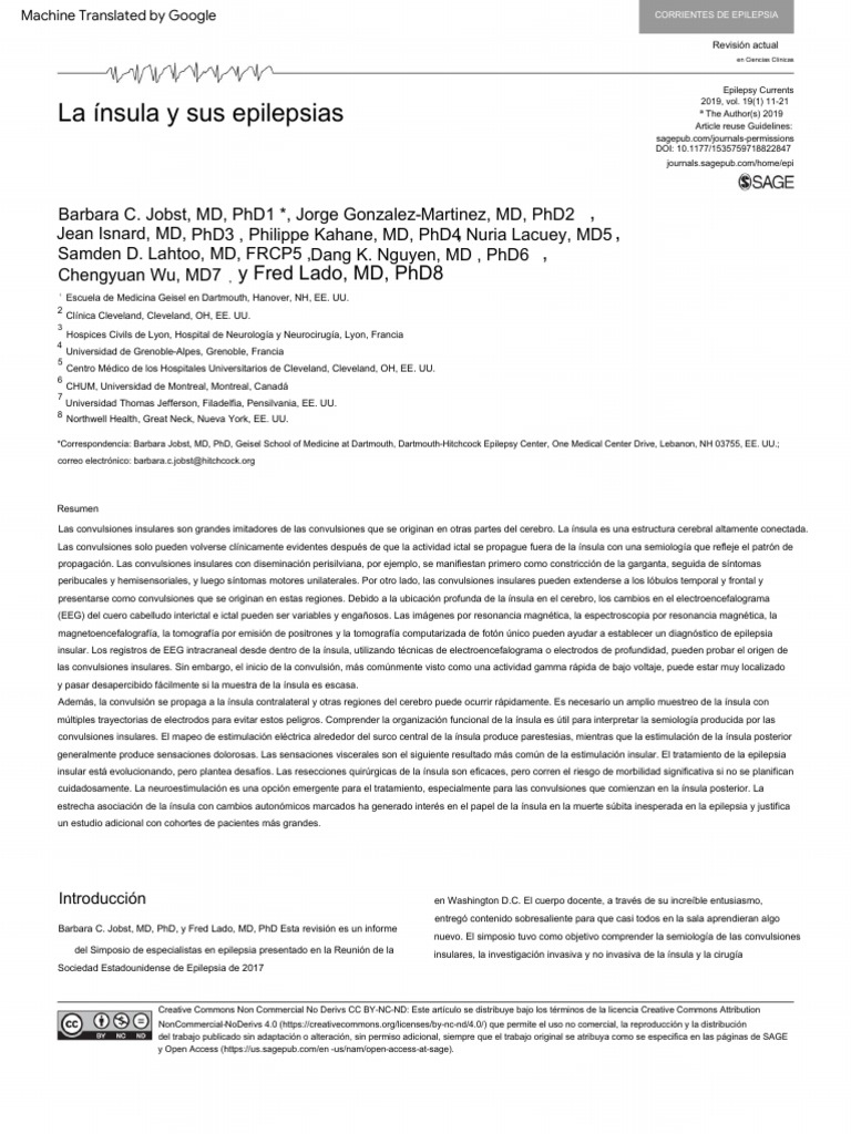 La Ínsula Y Sus Epilepsias: Y Fred Lado, MD, Phd8 | PDF | Epilepsia | Corteza Insular