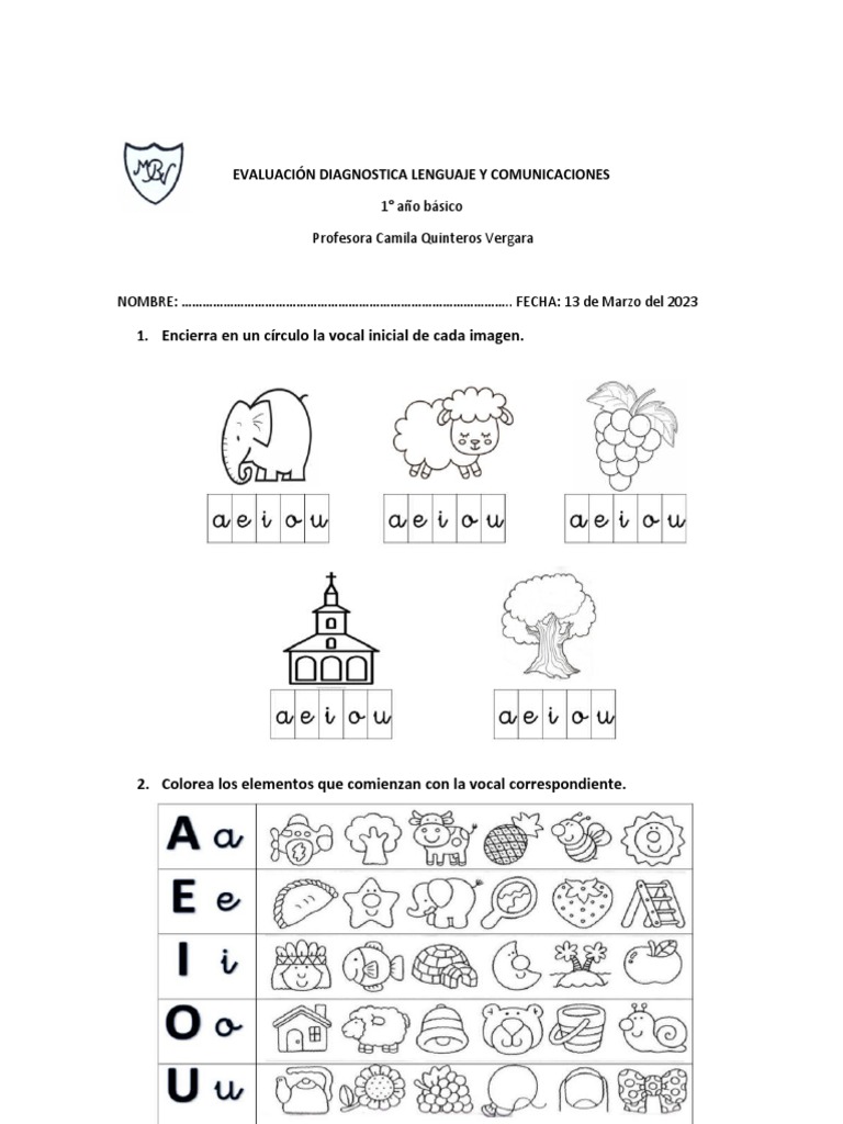 Encierra en Un Círculo La Vocal Inicial de Cada Imagen.: Evaluación ...