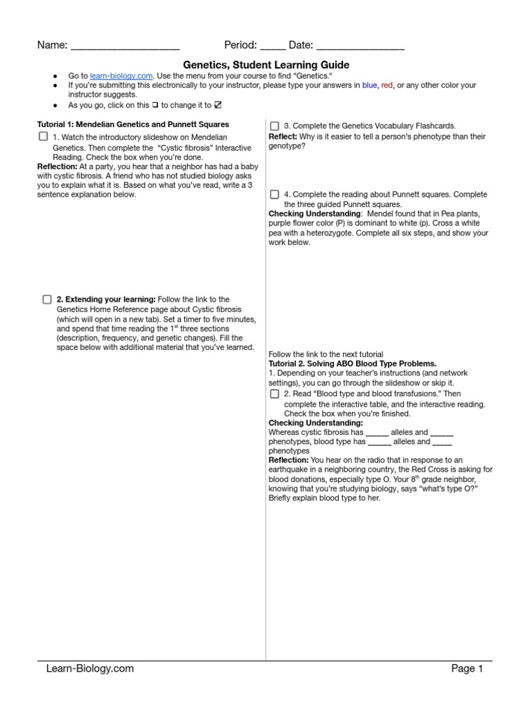 Genetics Learning Guide Overview | PDF | Allele | Dominance (Genetics)