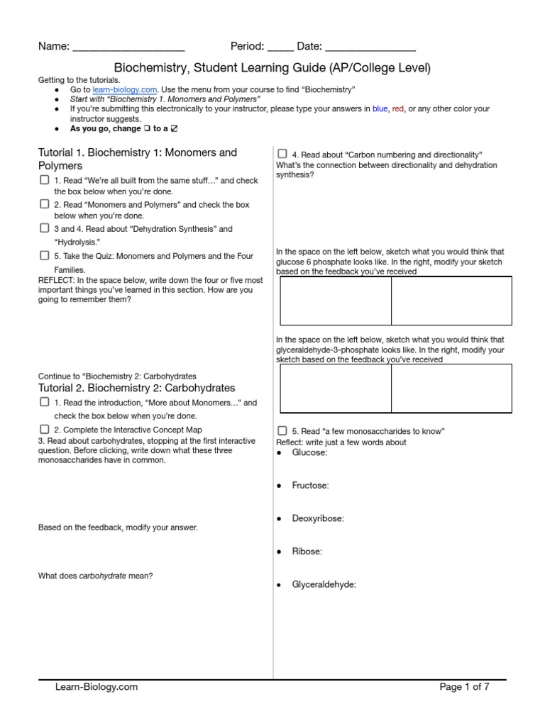TOPIC 1.3 - 1.7, Biochemistry, AP - College) Student Learning Guide ...