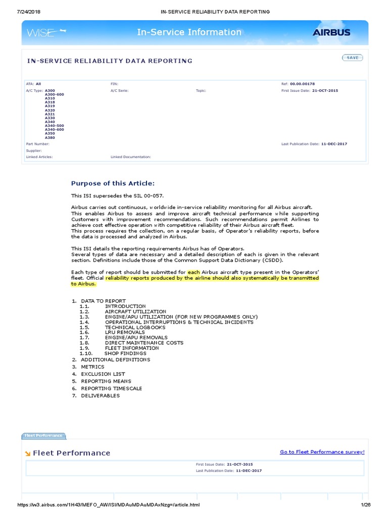 Airbus ISI IN-SERVICE RELIABILITY DATA REPORTING | PDF | Technology ...