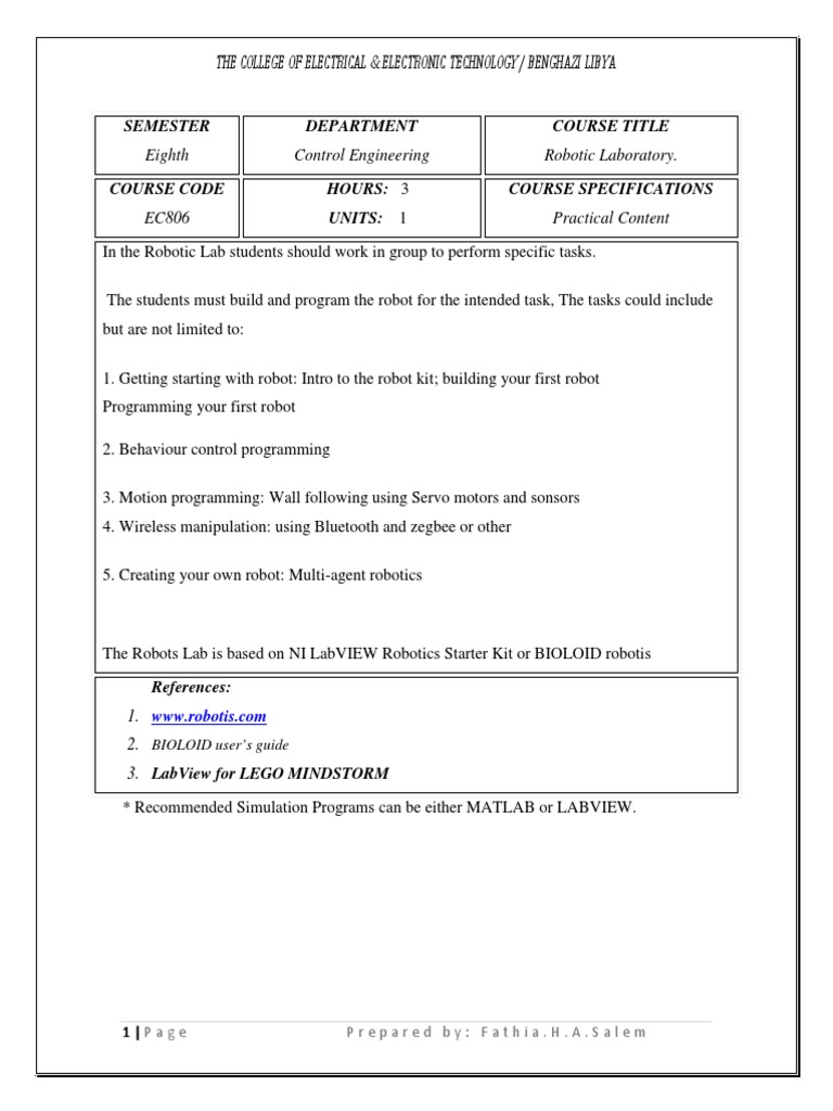 EC806 Robotic Laboratory Overview | PDF