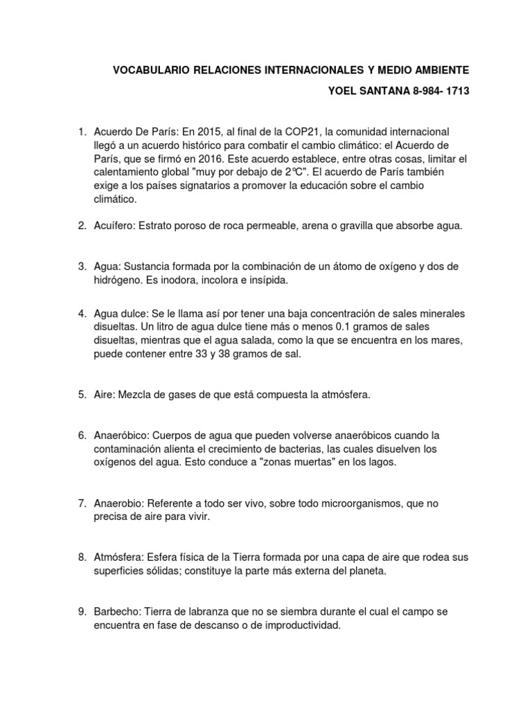 Vocabulario Relaciones Internacionales y Medio Ambiente | PDF | Agua ...