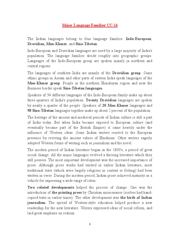 Major Language Families | PDF | Languages Of India | Linguistics
