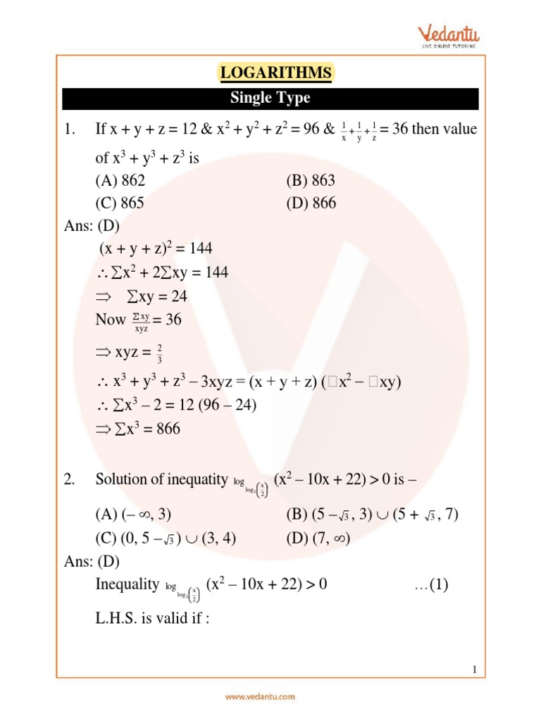 JEE Advanced Logarithms Important Questions | PDF